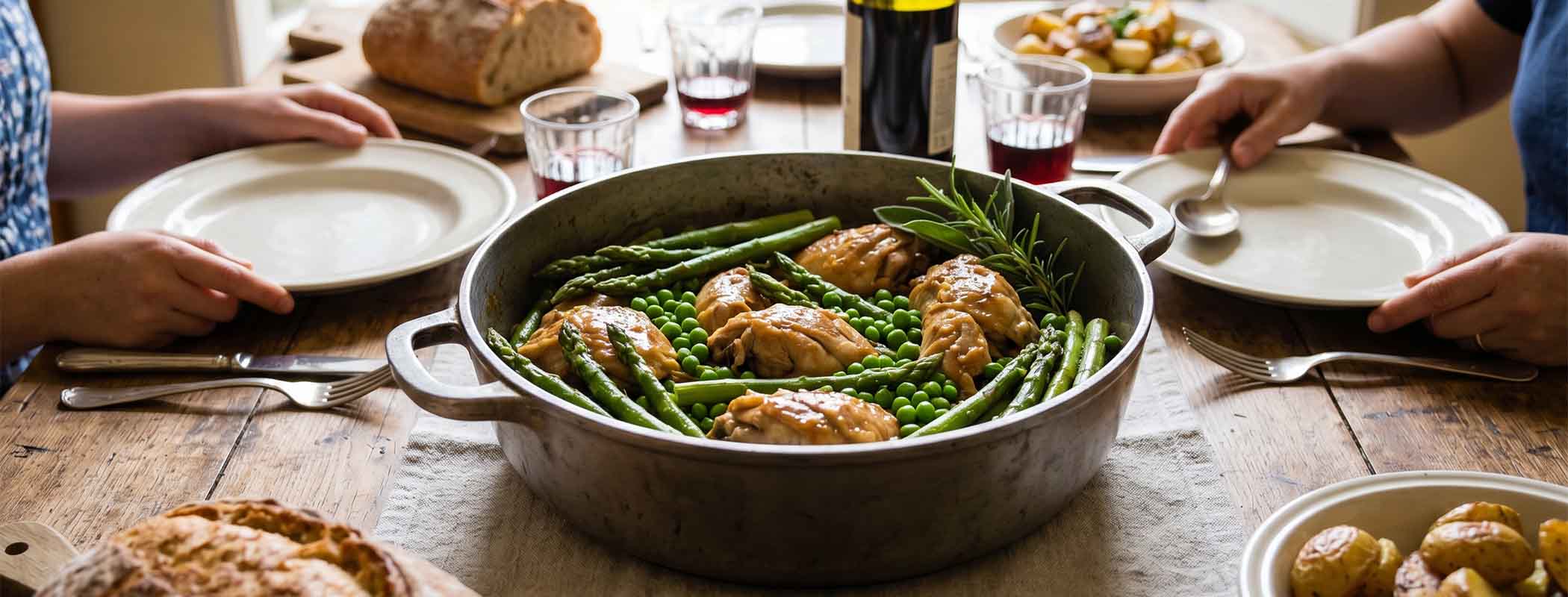 Coniglio alla monferrina con asparagi e piselli novelli
