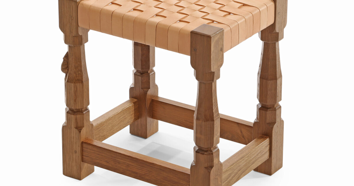 Mouseman Oak Small Stool With Interwoven Leather Top