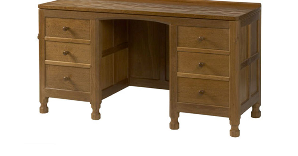 Mouseman Oak Kneehole Desk with Six Drawers
