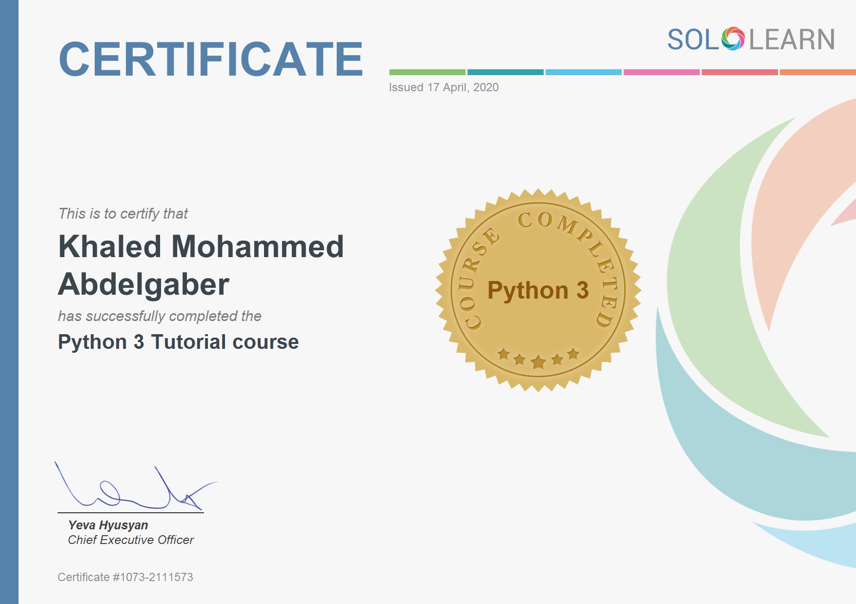 python programming certificates - Khaled Mohammed - 121 | شغل أون لاين